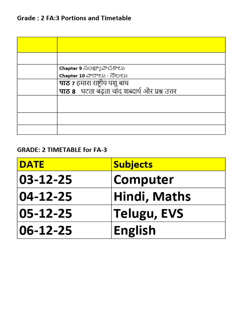 Grade 2 FA3 Timetable & Portion | PDF