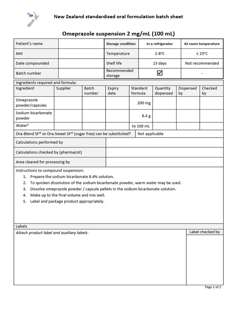 NZ Omeprazole Suspension Compounding Sheet | PDF | Pharmaceutical ...