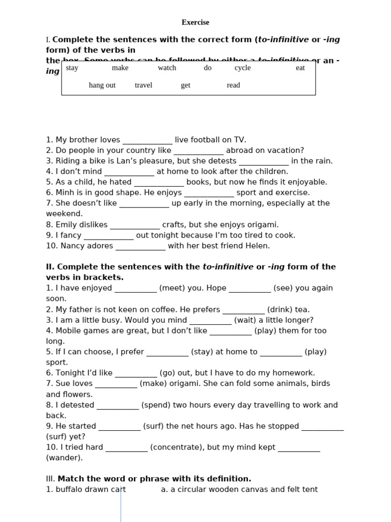 Verb Forms and Sentence Completion Exercises | PDF | Cattle | Nomad