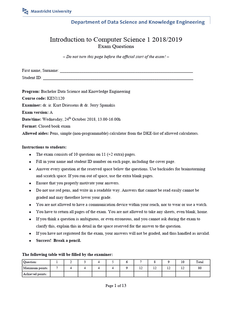 Introduction To Computer Science 1 2018/2019: Exam Questions | PDF ...