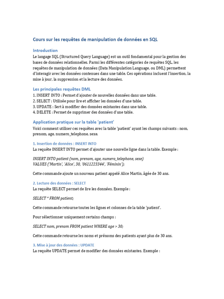 Requêtes DML en SQL : Guide Pratique | PDF