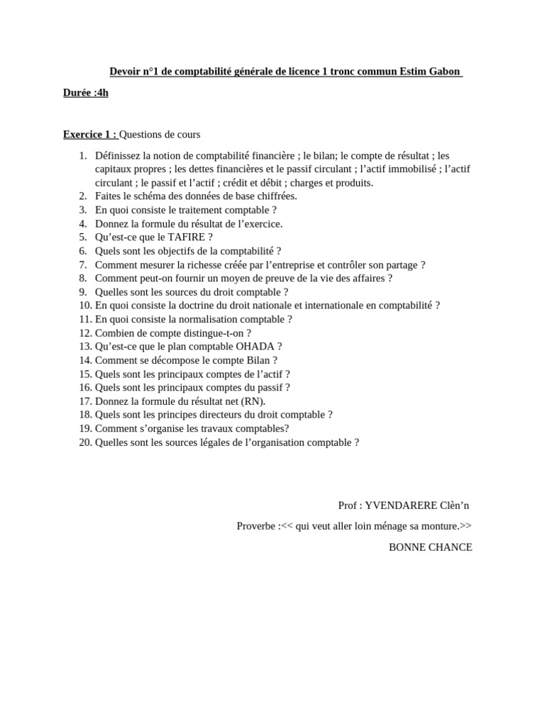 Devoir de comptabilité générale L1 Estim Gabon | PDF