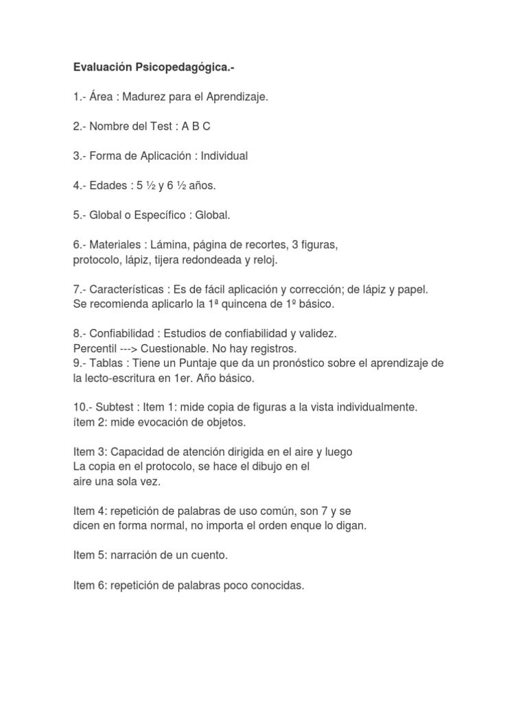 Test ABC para Evaluación Psicopedagógica | PDF | Memoria | Aprendizaje