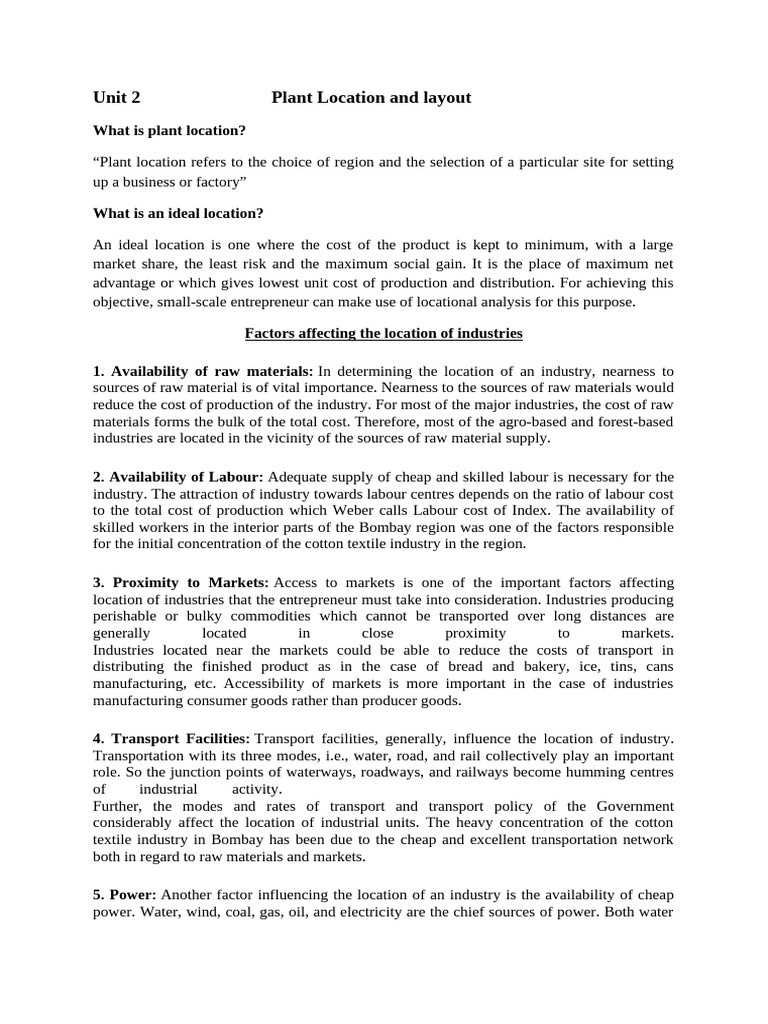 Unit 2 Plant Location and Layout Final | PDF | Cost Of Living | Labour ...