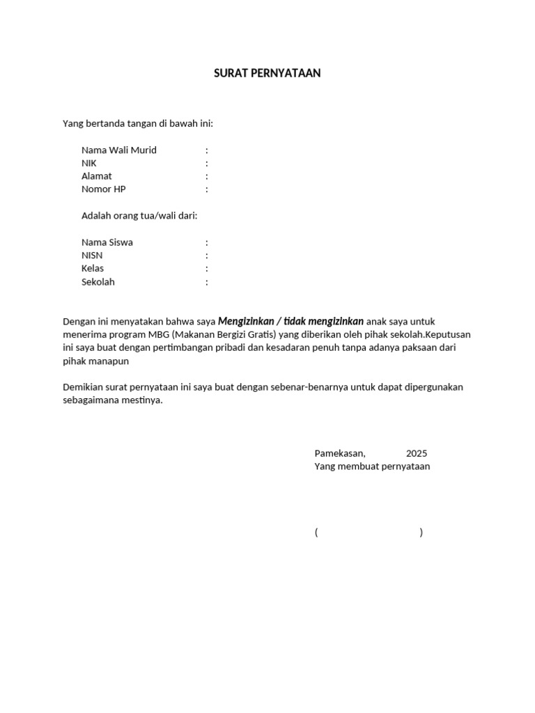 Surat Pernyataan MBG | PDF