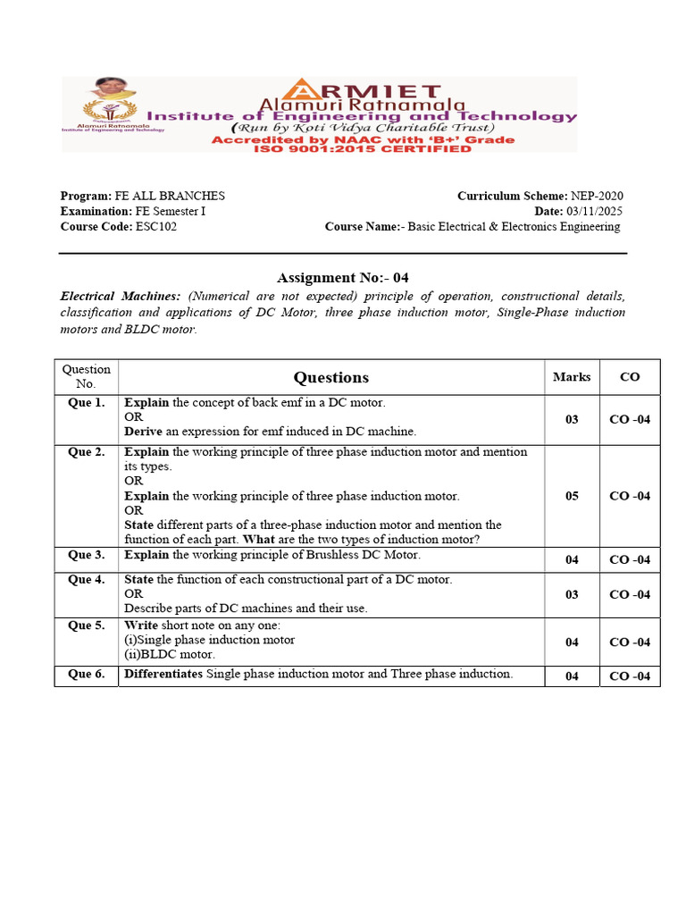 BEE Assignment No-04 Electrical Machines_251123_213916 | PDF
