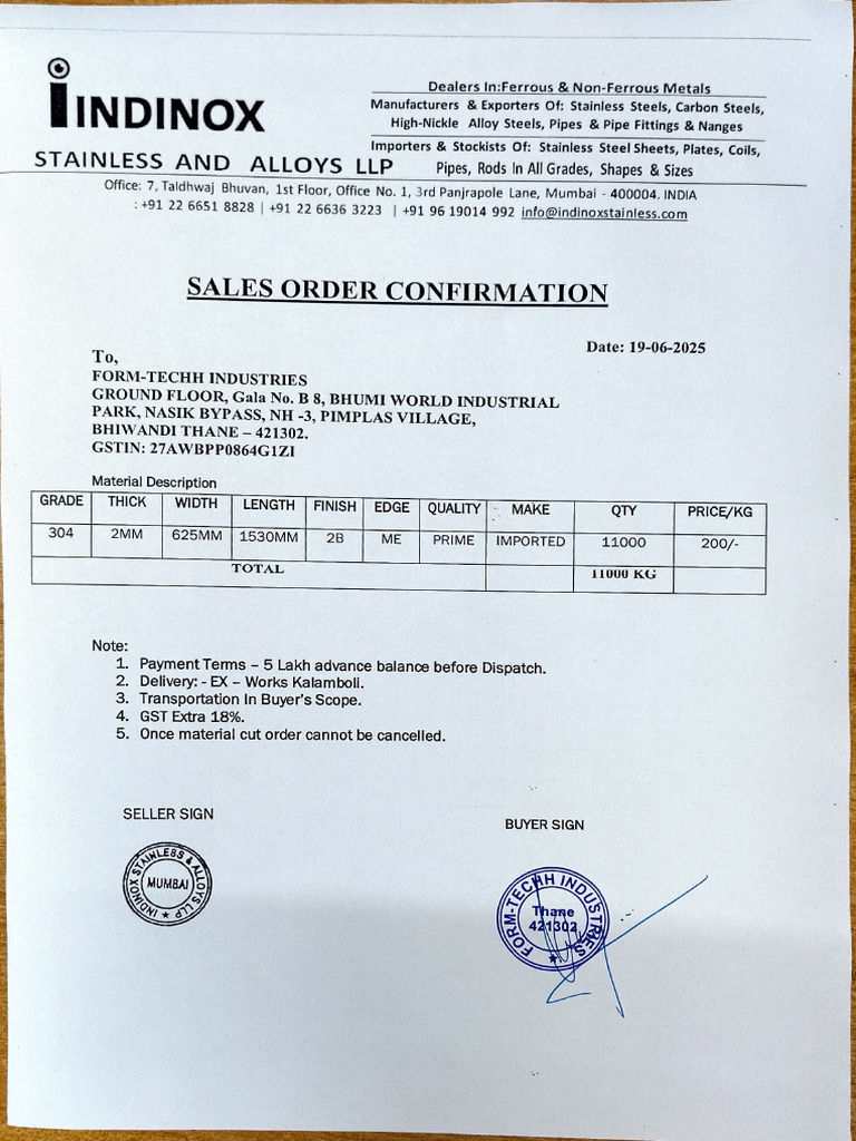 Indinox - Sales Order Confirmation | PDF