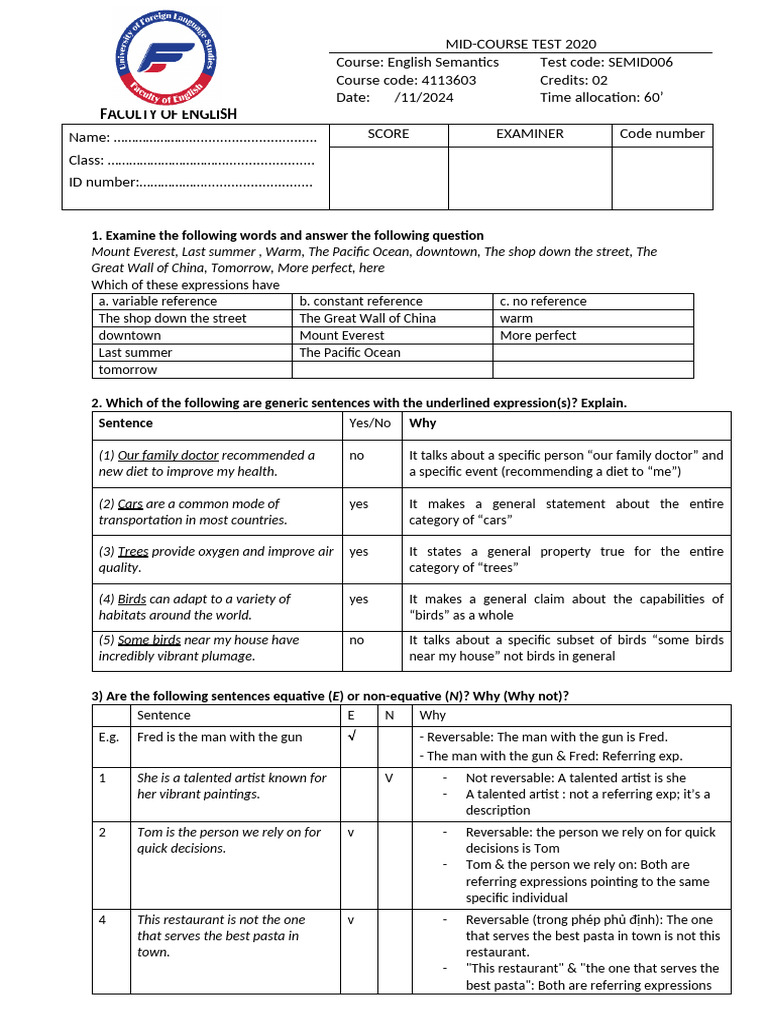 English Semantics Mid-Course Test 2020 | PDF | Language Mechanics ...