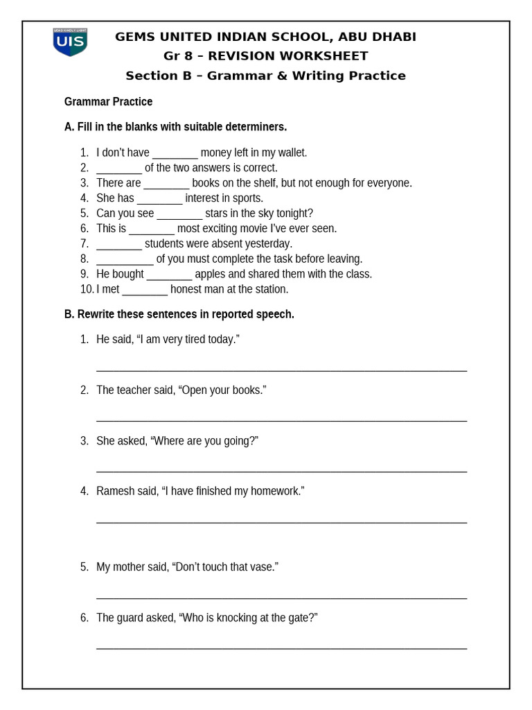 Grade 8 Grammar & Writing Revision Worksheet | PDF