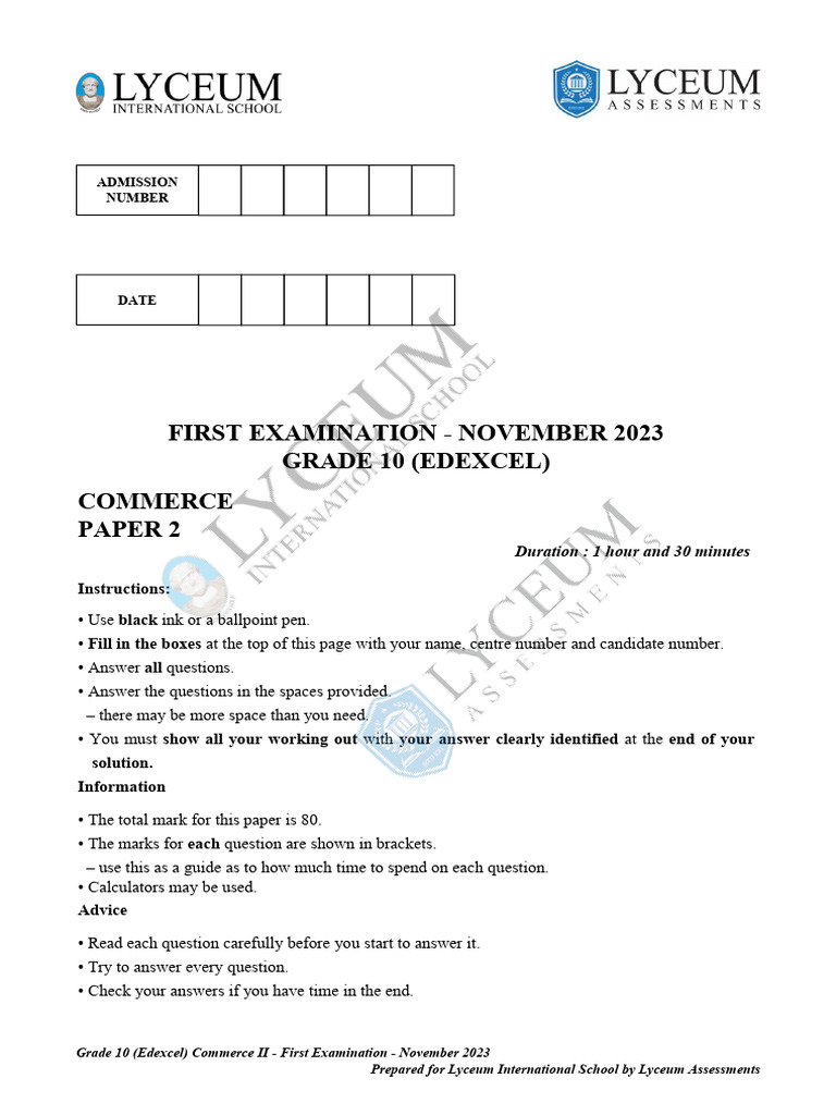 Grade 10 Edexcel Commerce Exam Nov 2023 | PDF | Insurance | Economies