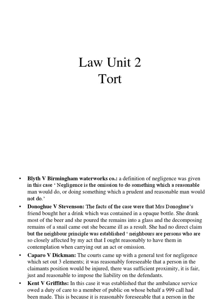Law Unit 2 Tort | PDF | Negligence | Civil Law (Legal System)