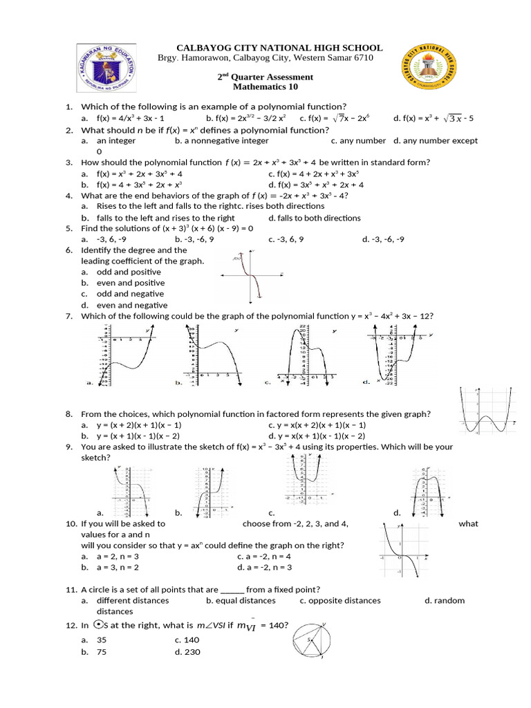 Math10 q2 Exam Sy 2025 2026 | PDF | Circle | Angle