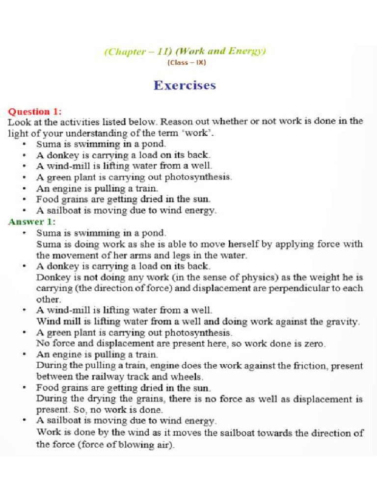 Chapter - Work and Energy Exercise Questions Solution | PDF