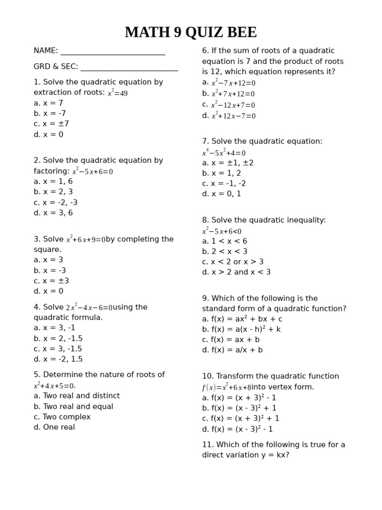 Math 9 Quiz Bee Questions & Answers | PDF | Quadratic Equation ...