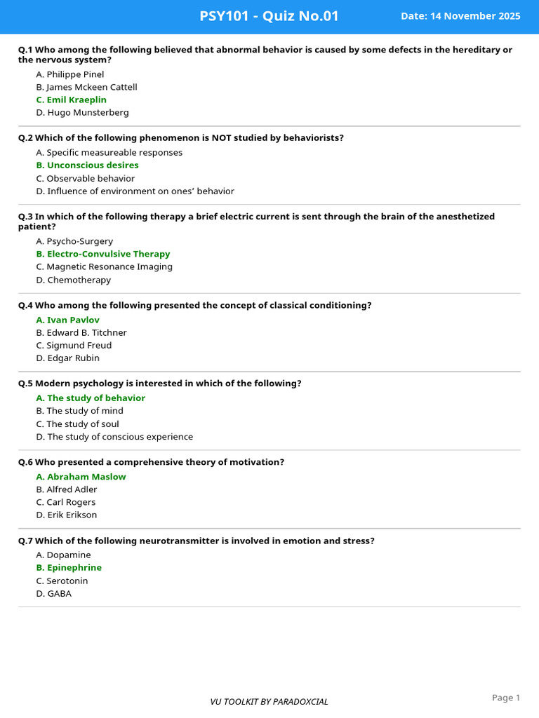 PSY101 Quiz: Key Concepts in Psychology | PDF