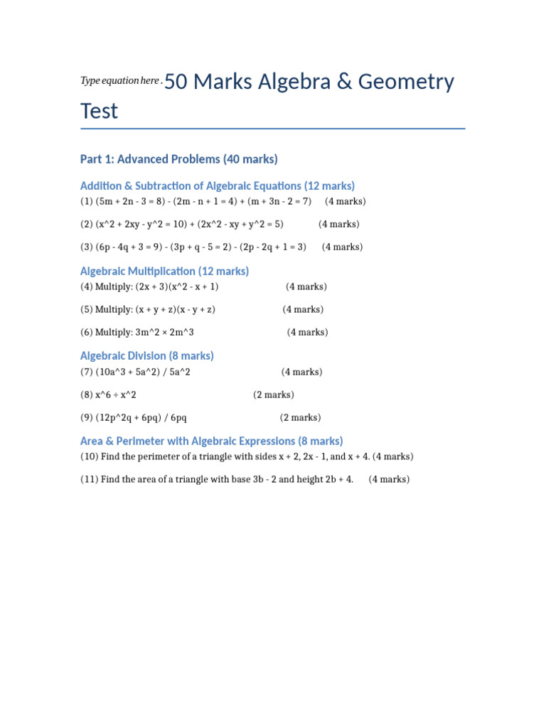 Algebra & Geometry Test: Advanced Problems | PDF