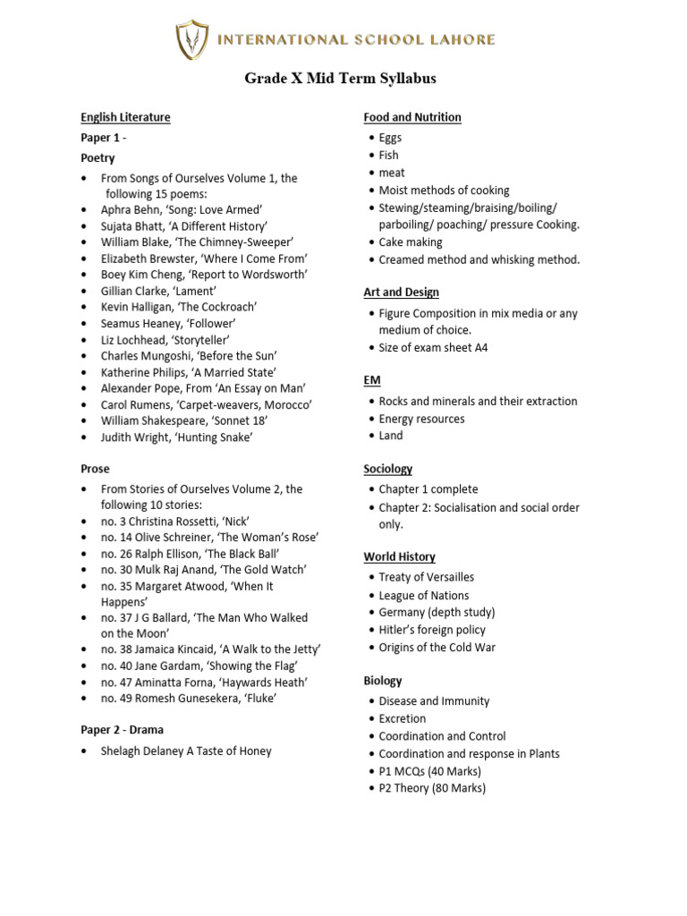 Grade X Mid Term Syllabus-1 | PDF | Chemistry | Algebra