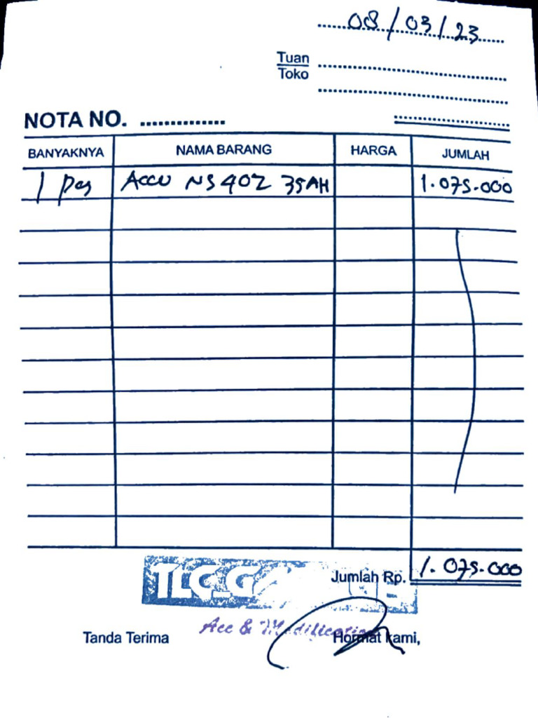 10-03-2023 Nota Ganti Accu Mobil PT. HJN | PDF