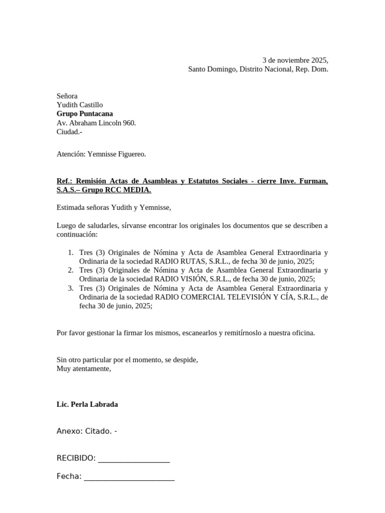 Carta de Remision - Modelo - Asambleas y Estatutos | PDF