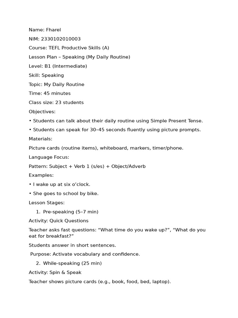 TEFL Lesson Plan: Speaking Routine B1 | PDF