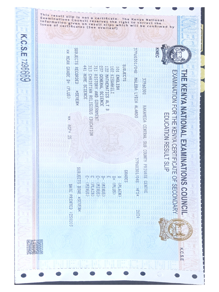 KCSE Result Slip | PDF