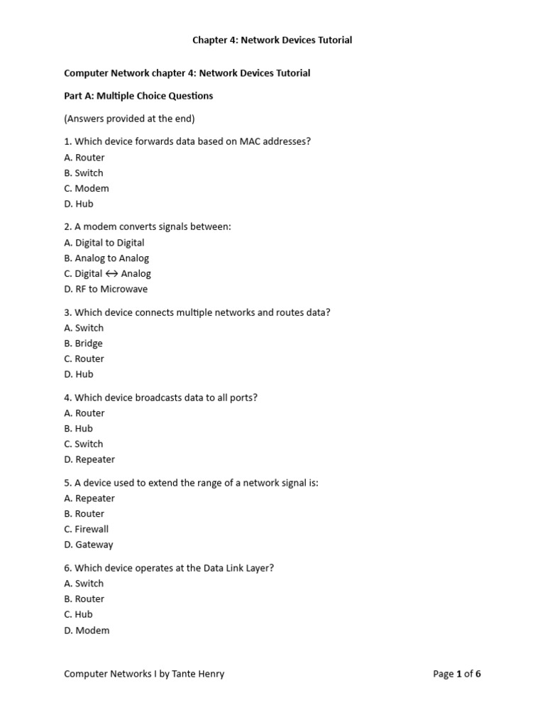 Computer Networks I Chapter 4 Network Devices Tuteorial 1 | PDF ...