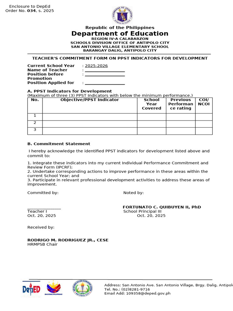 Teacher Commitment Form for PPST 2025 | PDF