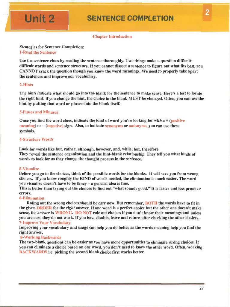 Introduction "Sentence Completion H | PDF