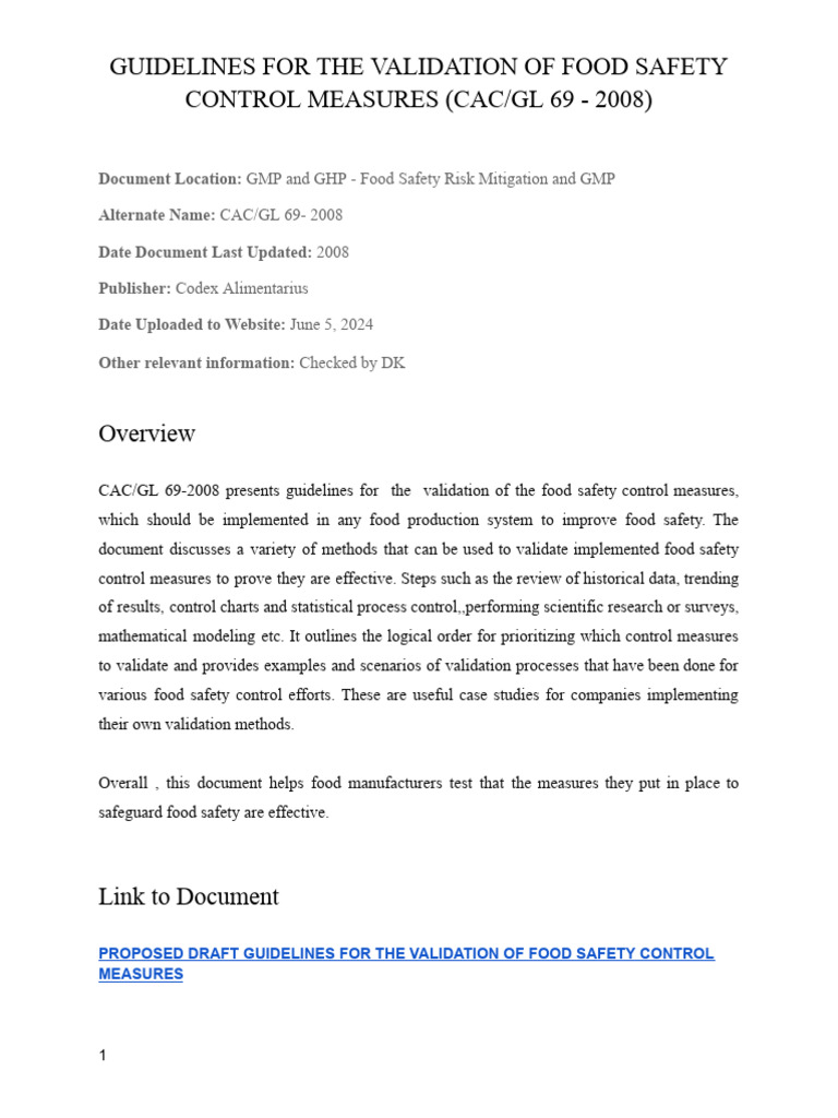 Food Safety Control Measures Validation | PDF