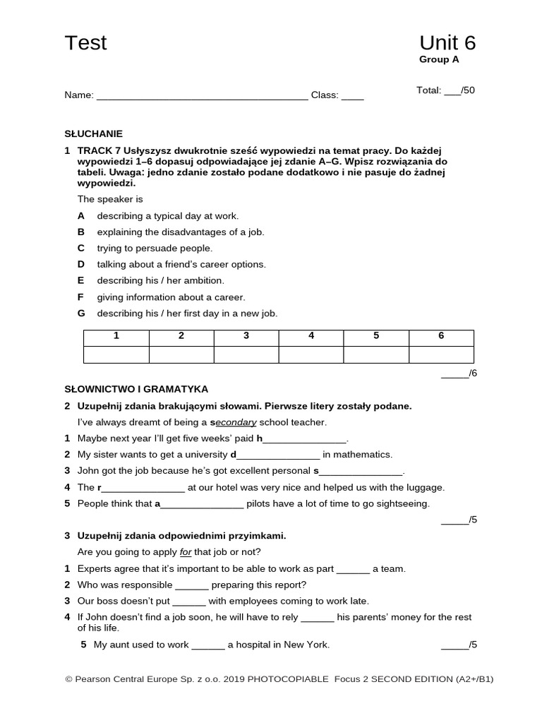 Focus 2 2ed Test Unit6 GroupA 1kol | PDF