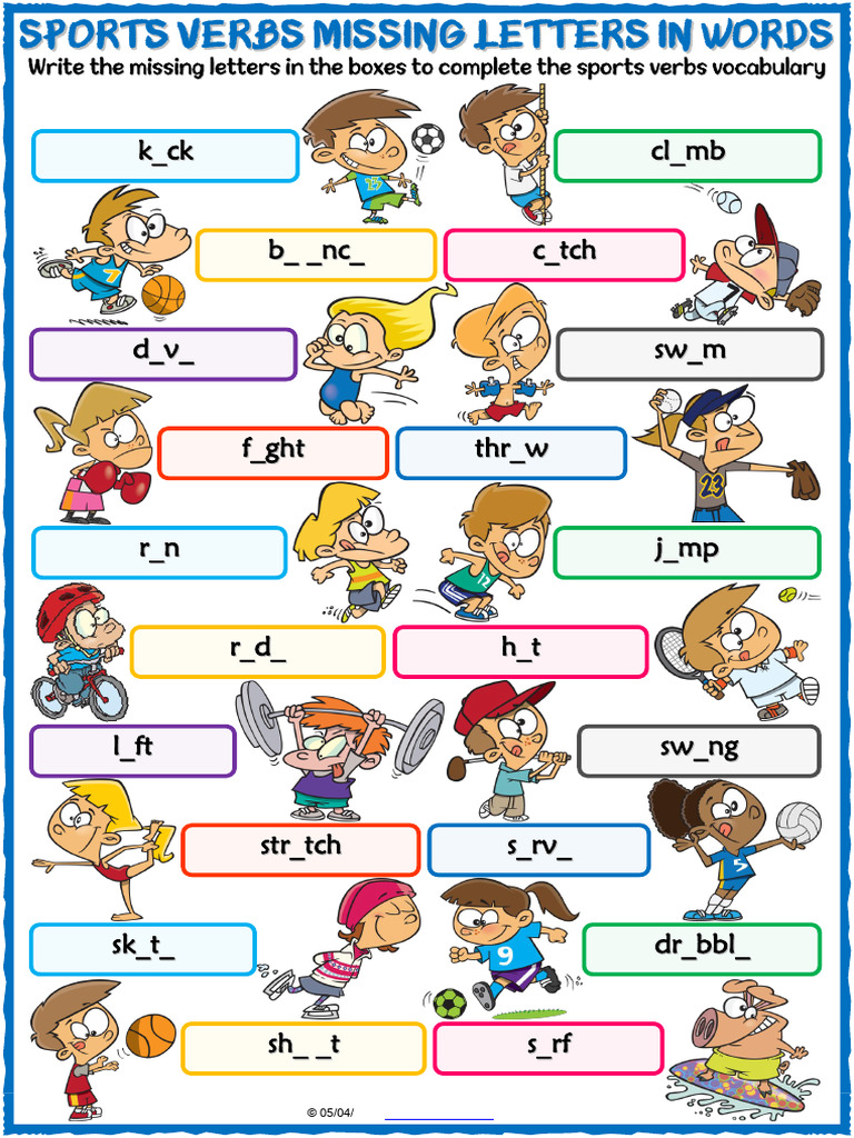 Sports Verbs Vocabulary Esl Missing Letters in Words Worksheet For Kids ...