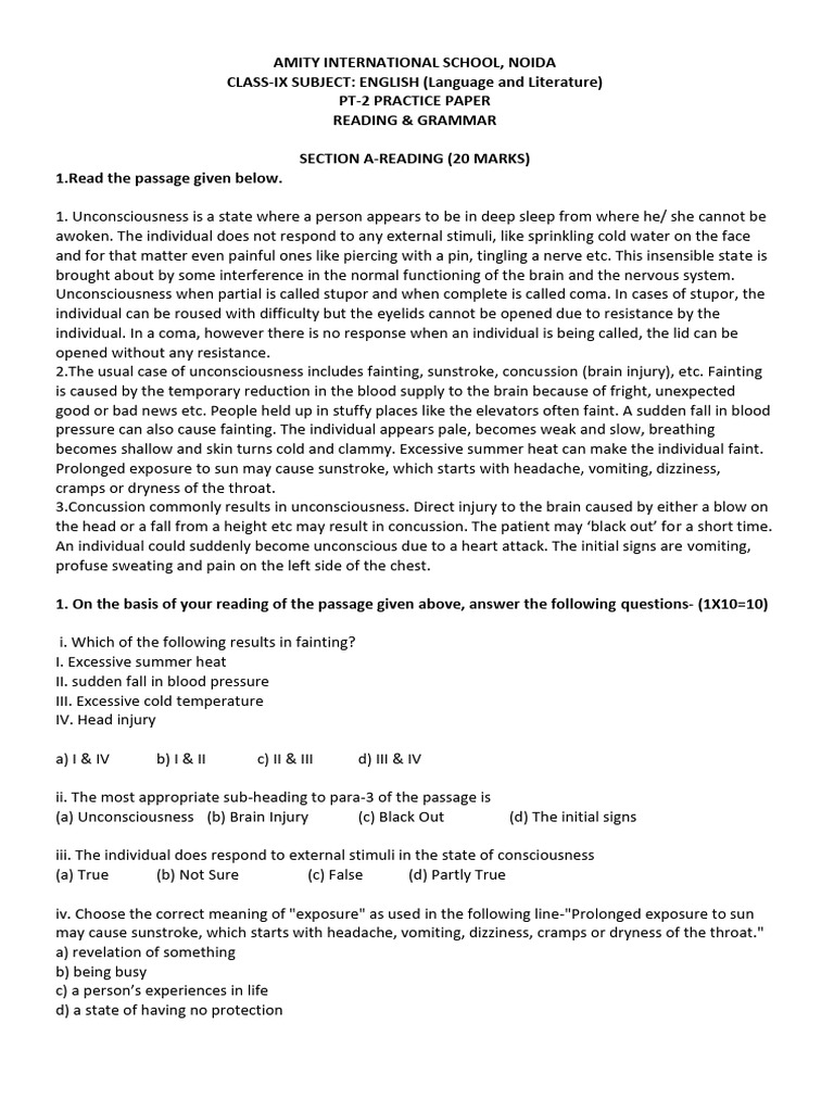 Class 9 - pt2 - Practice Paper (2022-23) | PDF | Coma | Concussion