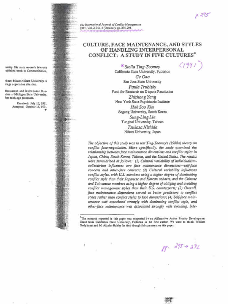 Ting-Toomey Face Maintenance Styles of Handling IP Conflict | PDF