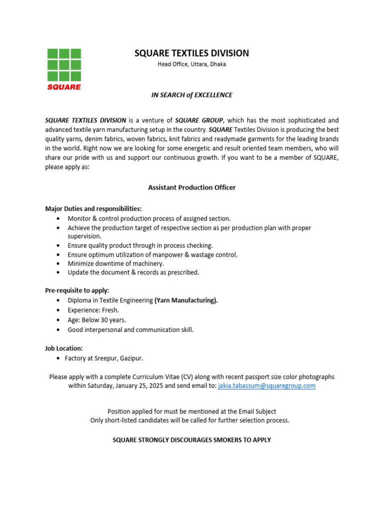 Assistant Production Officer at Square Textiles | PDF