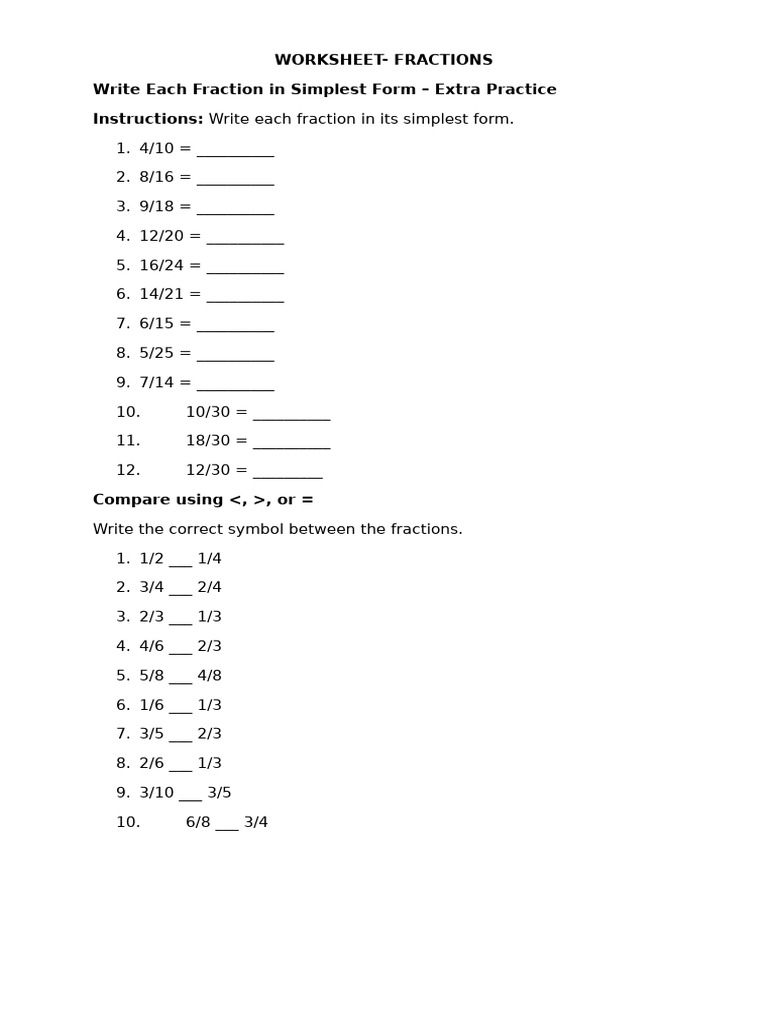 Simplifying Fractions Worksheet | PDF