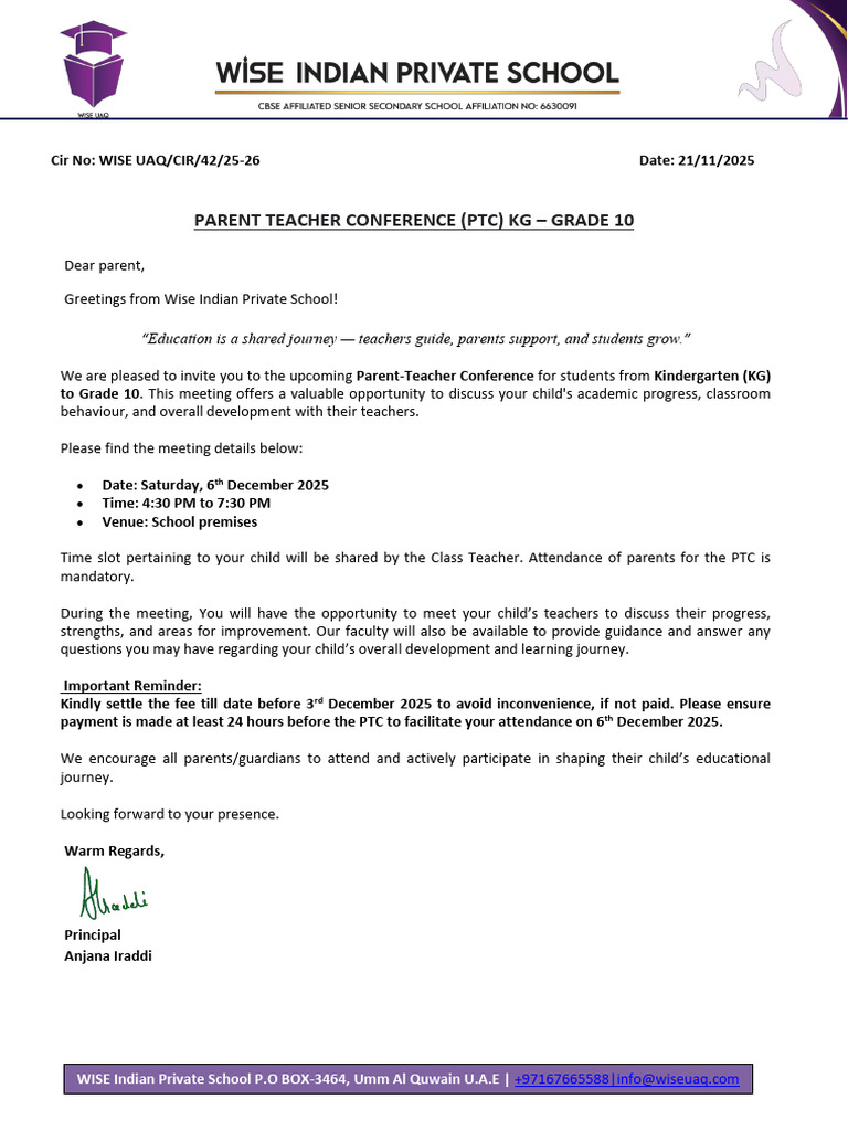 Circular No.42 - Parent Teacher Conference (PTC) KG - Grade 10 | PDF