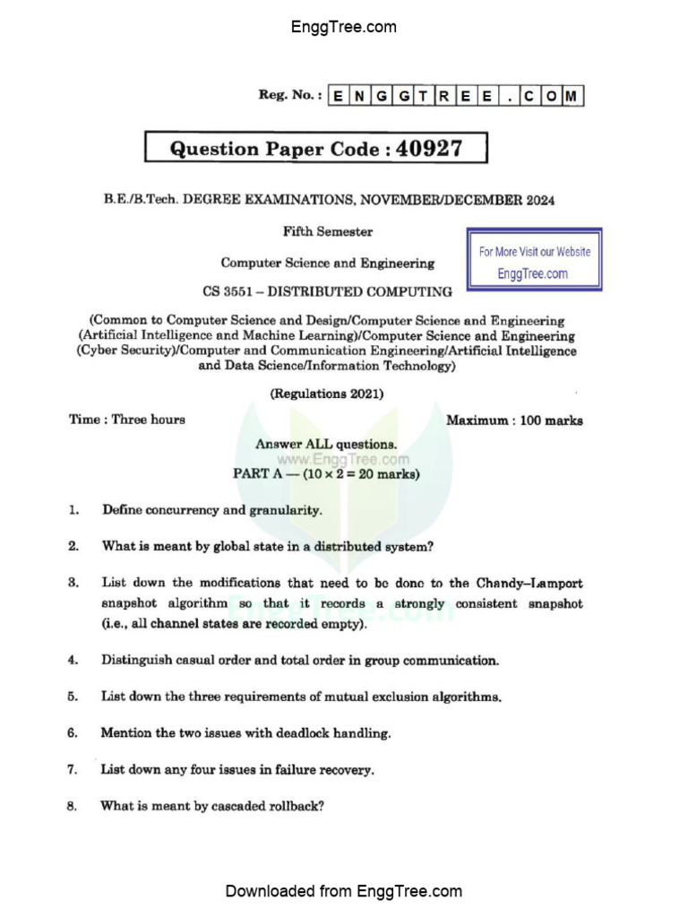 CS3551 Distributed Computing Nov Dec 2024 Question Paper Download 2 | PDF