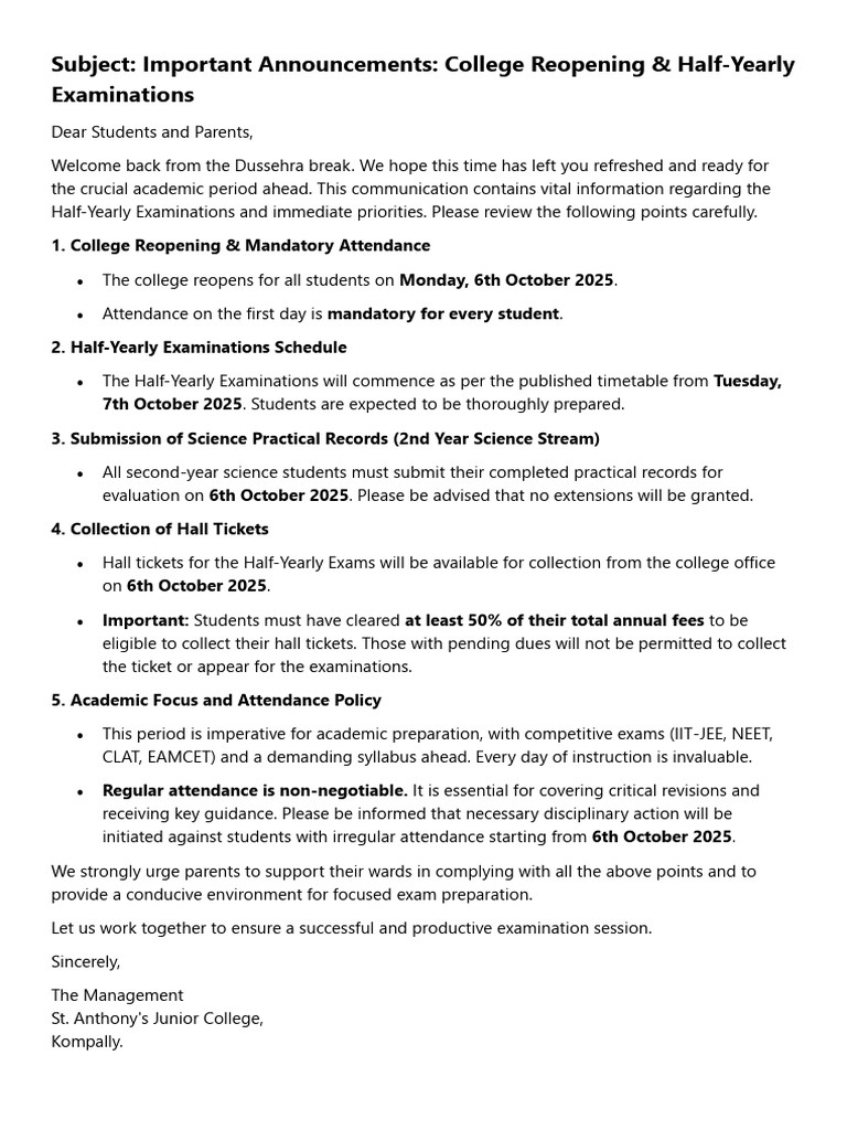Important Announcements - College Reopening & Half-Yearly Examinations ...