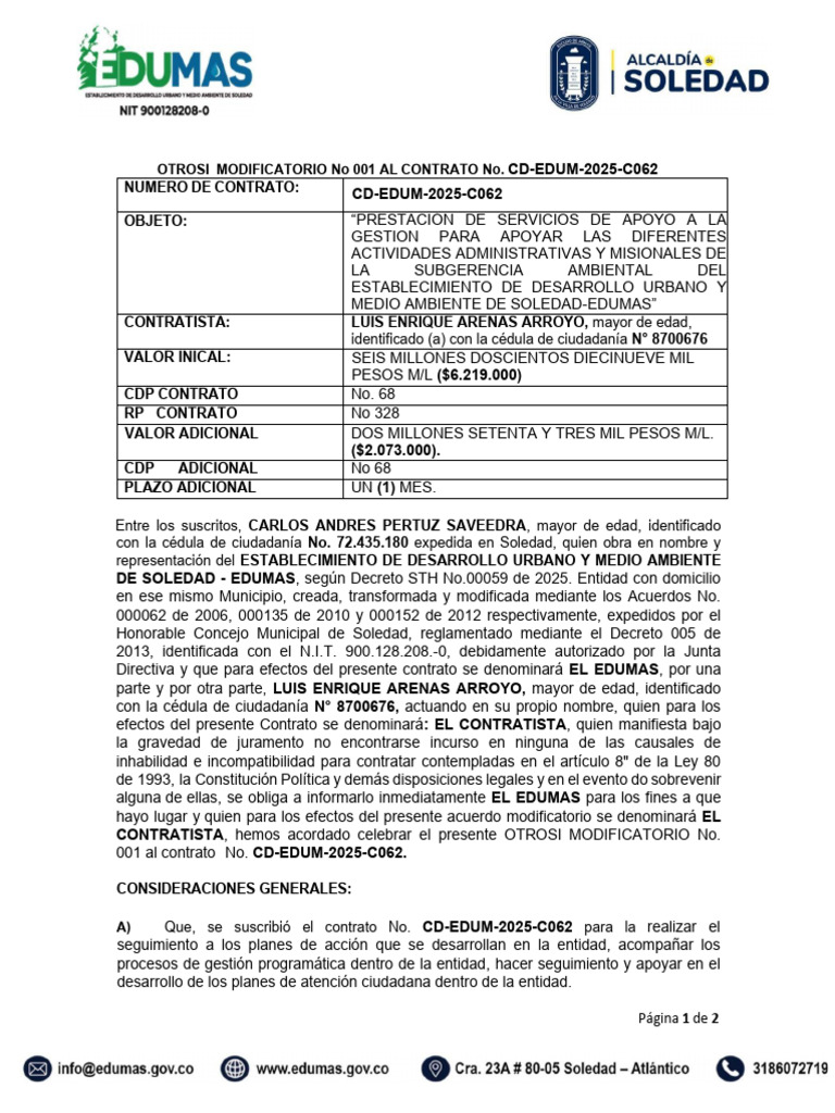 11.otrosi Modificatorio No 001 Al Contrato No. CD-edum-2025-c062 | PDF ...