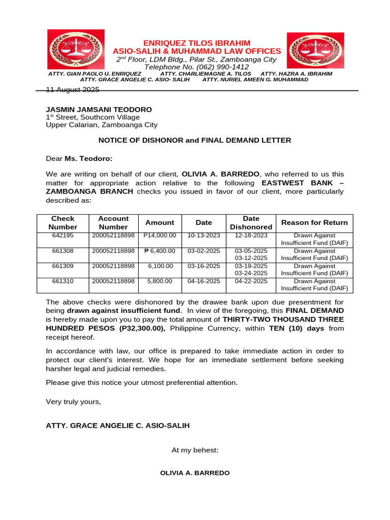 Final Demand for Dishonored Checks | PDF | Economy Of The Philippines