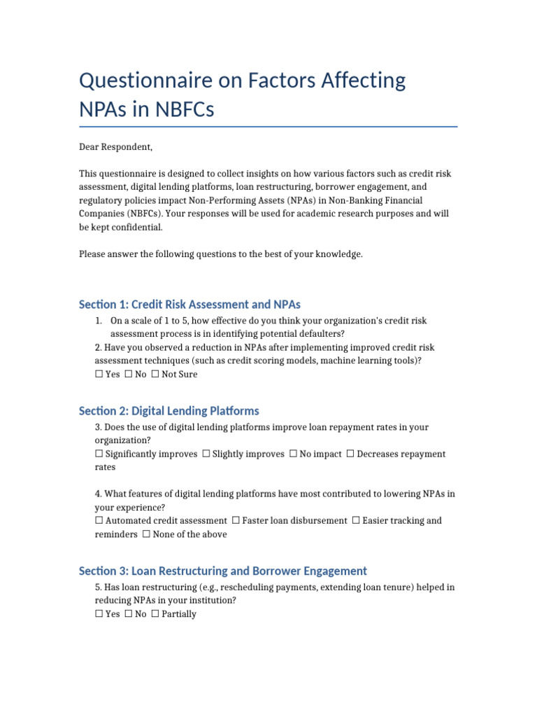 Questionnaire NPA NBFCs | PDF | Loans | Credit Risk