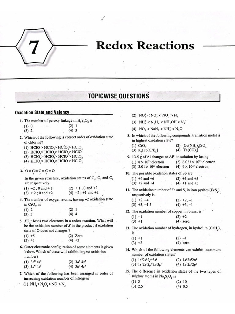 Redox Reactions Worksheet | PDF