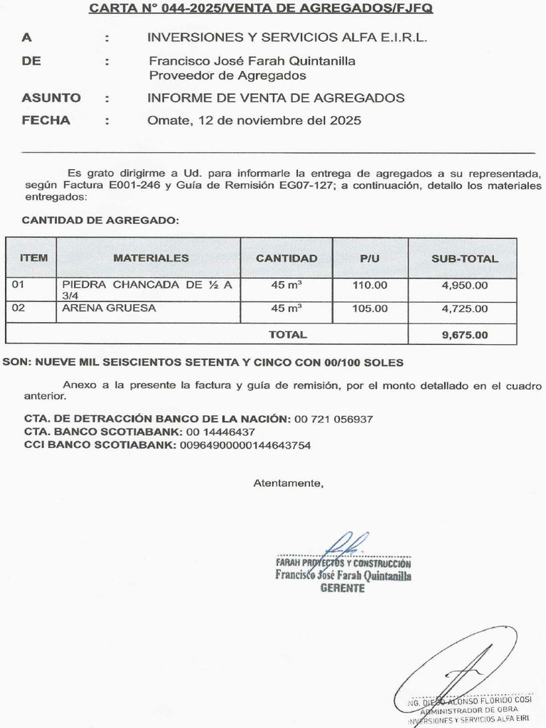 Pedido 3 Farah - Agregados Obra Camal Omate 2025 | PDF