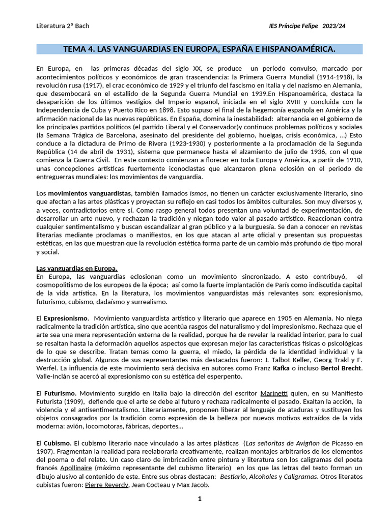Tema 4. Las Vanguardias en Europa, España e Hispanoamerica (1) | PDF | Vanguardia | Surrealismo