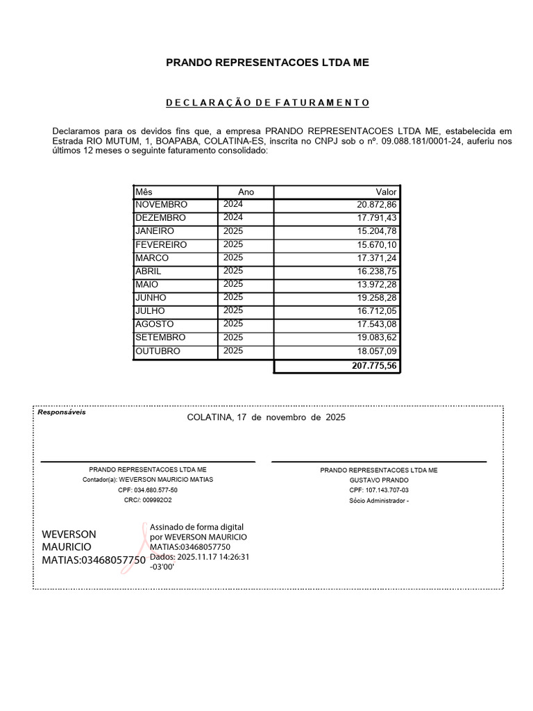 Faturamento Anual da Prando Representações | PDF