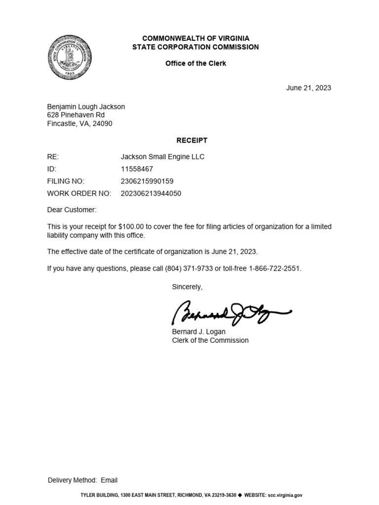 Virginia LLC Filing Receipt | PDF