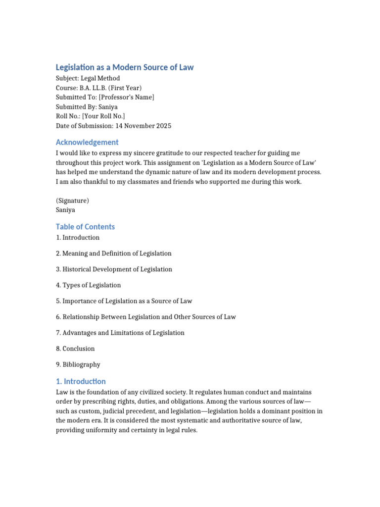 Legislation As A Modern Source of Law Saniya | PDF | Sources Of Law ...