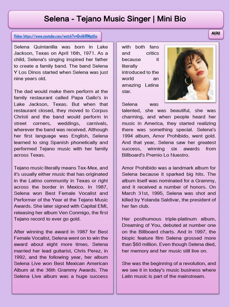 Selena - Tejano Music Singer - Mini Bio - BIO | PDF | Popular Music ...