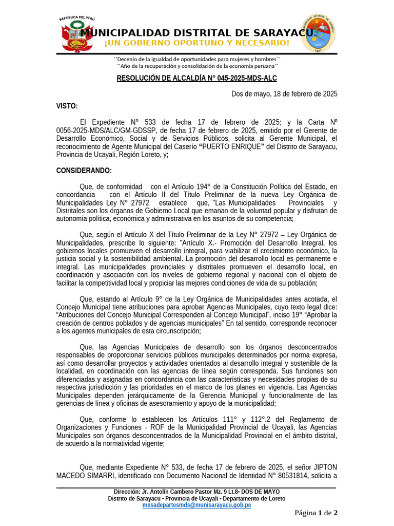 RESOLUCION ALCALDIA N° 045-2025-MDS-ALC, RECONOSIMIENTO AGENTE MUNICIPAL PUERTO ENRIQUE | PDF ...