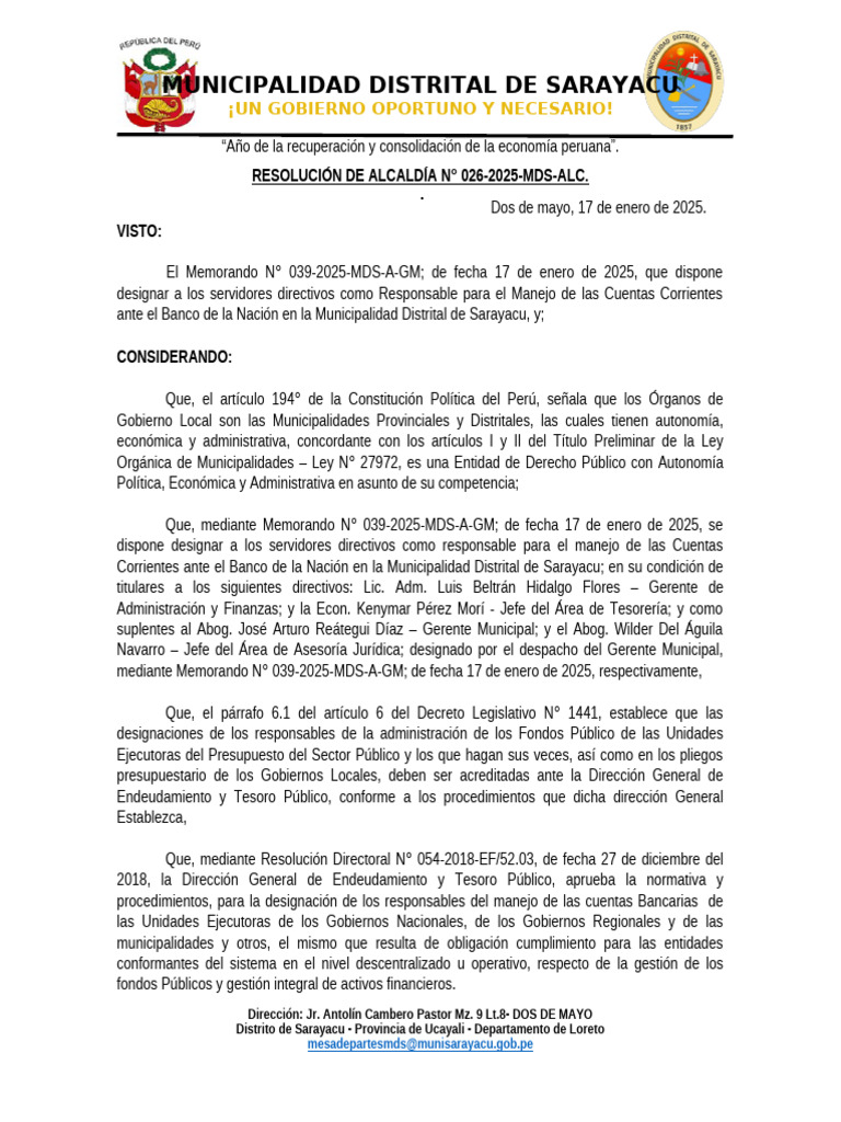RESOLUCION ALCALDIA N° 026-2025-MDS-ALC, RESPONSABLE MANEJO DE CUENTAS DE MDS | PDF | Gobierno ...